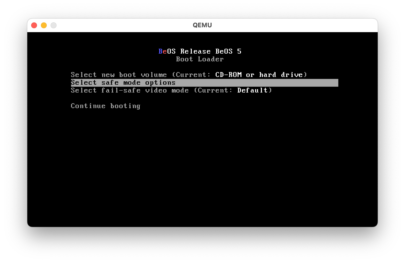 Running BeOS 5 in QEMU (i386)